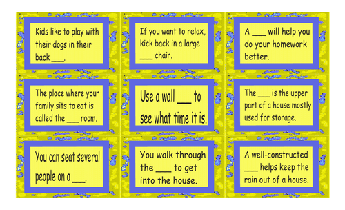 Houses, Rooms, Furniture, and Appliances Legal Size Text Card Game ...