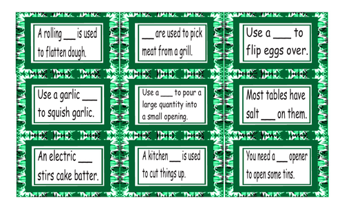 Kitchen Cookware and Utensils Legal Size Text Card Game | Teaching ...