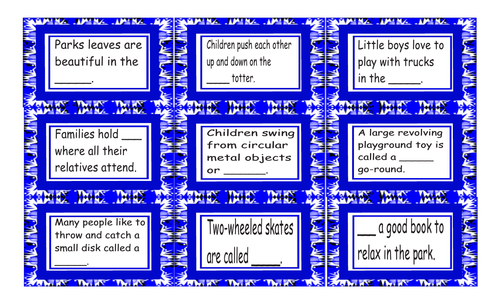 Park Things and Activities Legal Size Text Card Game | Teaching Resources