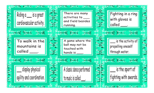 Sports and Exercise Legal Size Text Card Game | Teaching Resources