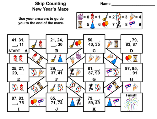 Skip Counting by 2, 3, 4, 5, 10 New Year's Math Maze | Teaching Resources
