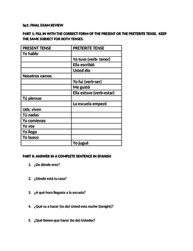 Spanish 1 final exam review packet | Teaching Resources