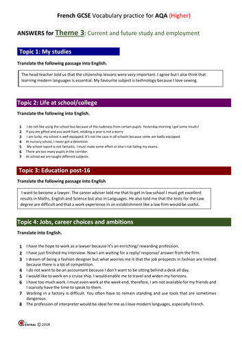 French GCSE vocabulary booklet for AQA THEME 3 (HIGHER) | Teaching ...