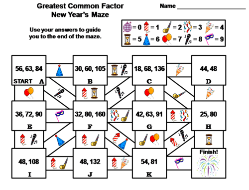 Greatest Common Factor Activity: New Year's Math Maze | Teaching Resources