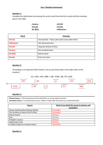 History Baseline assessments (two assessments) | Teaching Resources
