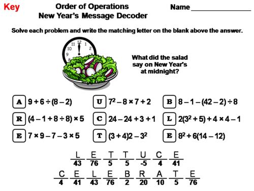 Order of Operations New Year's Math Activity: Message Decoder ...