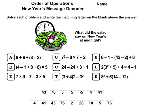 Order of Operations New Year's Math Activity: Message Decoder ...