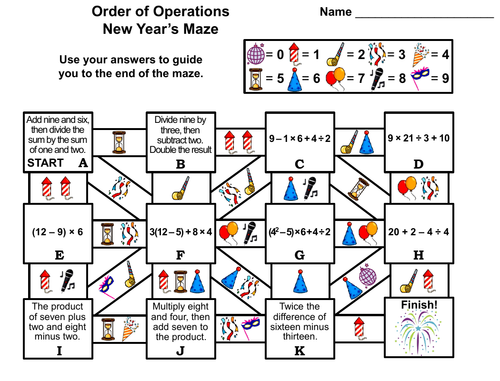 Order of Operations Activity: New Year's Math Maze | Teaching Resources
