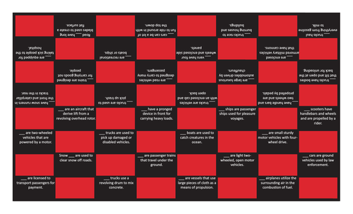 Transportation and Vehicles Legal Size Text Checkers Game | Teaching ...