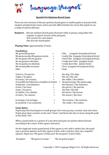 Spanish Pets & Opinions Board Game | Teaching Resources