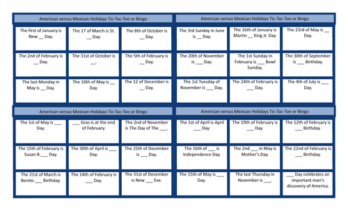 American versus Mexican Holidays Legal Size Text Tic-Tac-Toe-Bingo Game ...