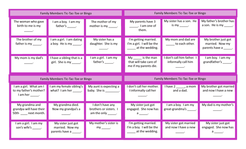 Family Members Legal Size Text Tic-Tac-Toe-Bingo Game | Teaching Resources