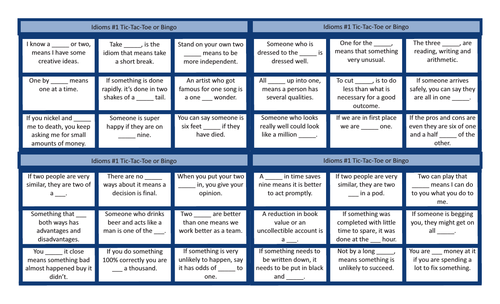 Idioms #1 Legal Size Text Tic-Tac-Toe-Bingo Game | Teaching Resources
