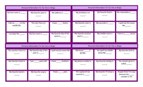 Personal Information Legal Size Text Tic-Tac-Toe-Bingo Game | Teaching ...