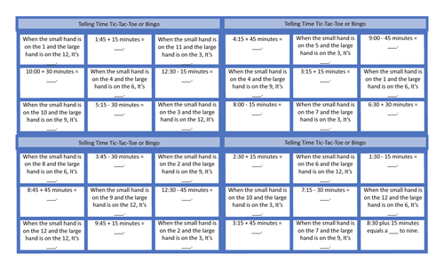 Telling Time Legal Size Text Tic-Tac-Toe-Bingo Game | Teaching Resources