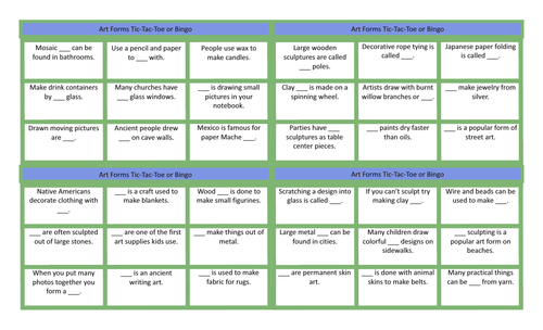 Art Forms Legal Size Text Tic-Tac-Toe-Bingo Game | Teaching Resources