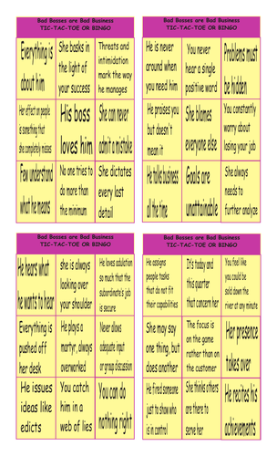 Bad Bosses are Bad Business Legal Size Text Tic-Tac-Toe or Bingo Card ...