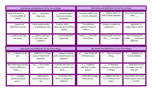Bad Habits and Addictions Legal Size Text Tic-Tac-Toe-Bingo Game ...