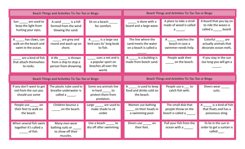 Beach Things and Activities Legal Size Text Tic-Tac-Toe-Bingo Game ...