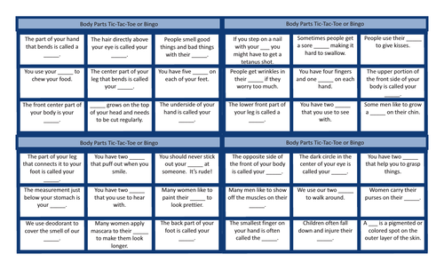 Body Parts Legal Size Text Tic-Tac-Toe-Bingo Game | Teaching Resources