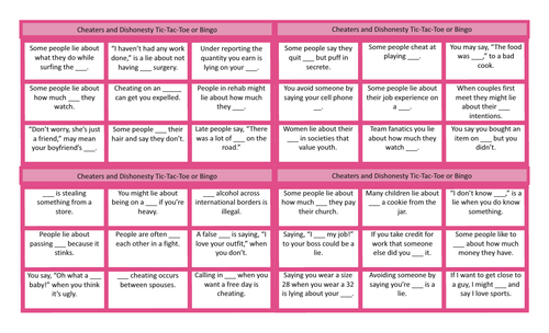 Cheaters and Dishonesty Legal Size Text Tic-Tac-Toe-Bingo Game ...