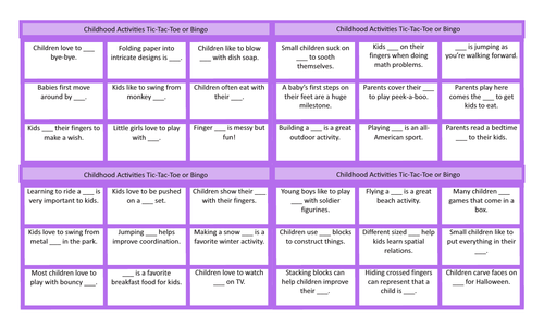 Childhood Activities Legal Size Text Tic-Tac-Toe-Bingo Game | Teaching ...