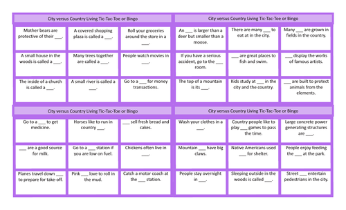 City versus Country Living Legal Size Text Tic-Tac-Toe-Bingo Game ...