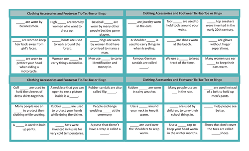 Clothing Accessories and Footwear Legal Size Text Tic-Tac-Toe-Bingo ...