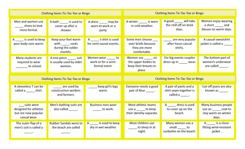 Clothing Items Legal Size Text Tic-Tac-Toe-Bingo Game | Teaching Resources