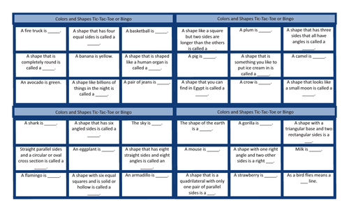 Colors and Shapes Legal Size Text Tic-Tac-Toe-Bingo Game | Teaching ...