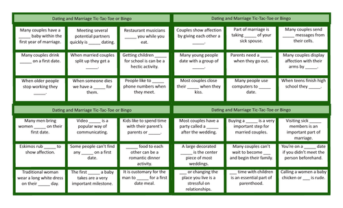 Dating and Marriage Legal Size Text Tic-Tac-Toe-Bingo Game | Teaching ...