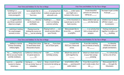 Free Time and Hobbies Legal Size Text Tic-Tac-Toe-Bingo Game | Teaching ...