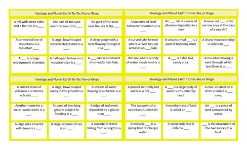 Geology and Planet Earth Legal Size Text Tic-Tac-Toe-Bingo Game ...