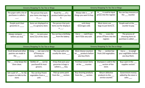 Grocery Shopping Legal Size Text Tic-Tac-Toe-Bingo Game | Teaching ...
