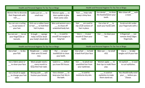 Health and Personal Hygiene Legal Size Text Tic-Tac-Toe-Bingo Game ...