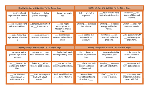 Healthy Lifestyle and Nutrition Legal Size Text Tic-Tac-Toe-Bingo Game ...