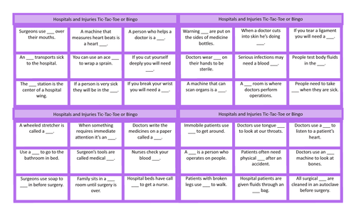 Hospitals and Injuries Legal Size Text Tic-Tac-Toe-Bingo Game ...