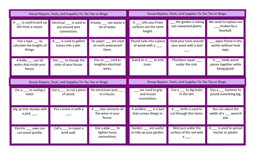 House Repairs, Tools, and Supplies Legal Size Text Tic-Tac-Toe-Bingo ...