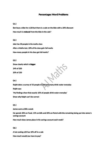KS2 Percentages Word Problems | Teaching Resources