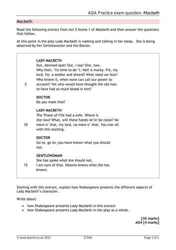 Act 5:1 Macbeth exam question and walk through for MA | Teaching Resources