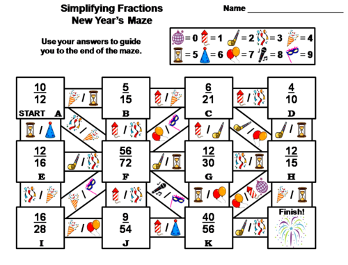 Simplifying Fractions Activity: New Year's Math Maze | Teaching Resources