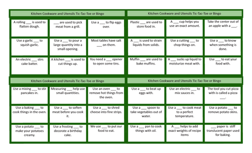 Kitchen Cookware and Utensils Legal Size Text Tic-Tac-Toe-Bingo Game ...