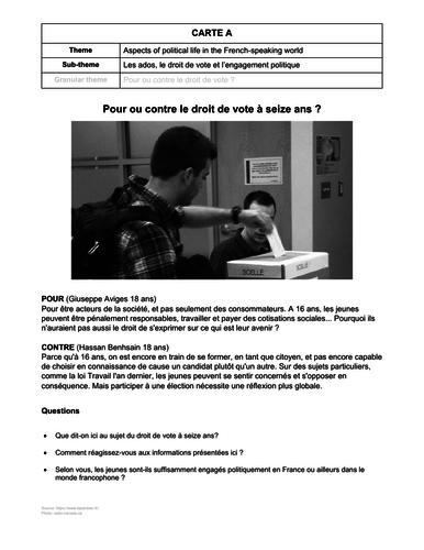 French AQA A-Level Speaking Cards : Political life | Teaching Resources