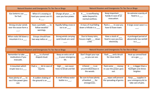 Natural Disasters and Emergencies Legal Size Text Tic-Tac-Toe-Bingo ...