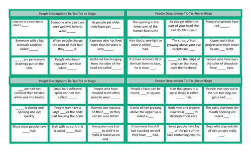 People Descriptions Legal Size Text Tic-Tac-Toe-Bingo Game | Teaching ...