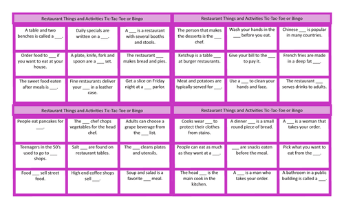 Restaurant Things and Activities Legal Size Text Tic-Tac-Toe-Bingo Game ...