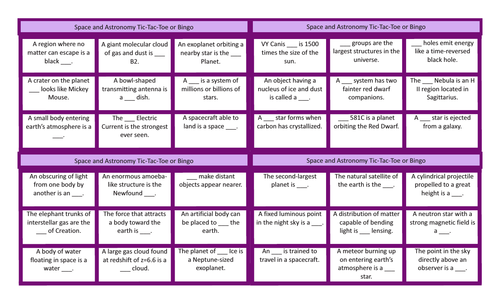 Space and Astronomy Legal Size Text Tic-Tac-Toe-Bingo Game | Teaching ...