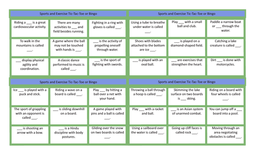 Sports and Exercise Legal Size Text Tic-Tac-Toe-Bingo Game | Teaching ...