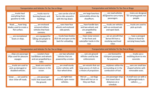 Transportation and Vehicles Legal Size Text Tic-Tac-Toe-Bingo Game ...