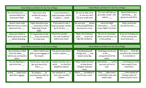 Travel Modes and Items Legal Size Text Tic-Tac-Toe-Bingo Game ...
